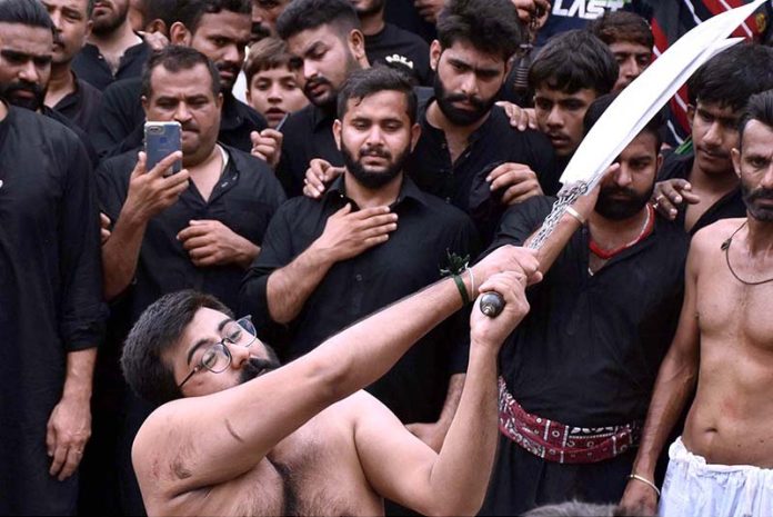 Mourners touch Zuljinah during the main procession of 9th Muharram-ul ...