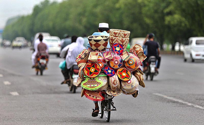 A vendor selling handmade items on his bicycle in the Federal Capital