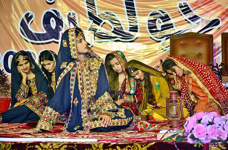 Students are performing the tableau on stage during Shah Latif day ...