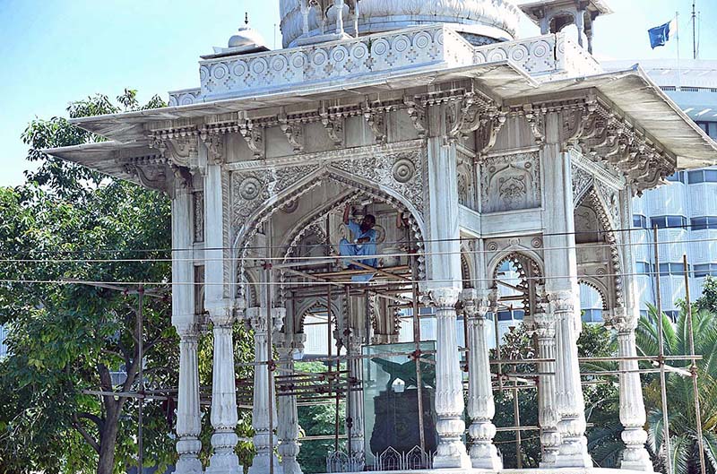 The restoration and decoration work is in progress on Summit Minar, an ...