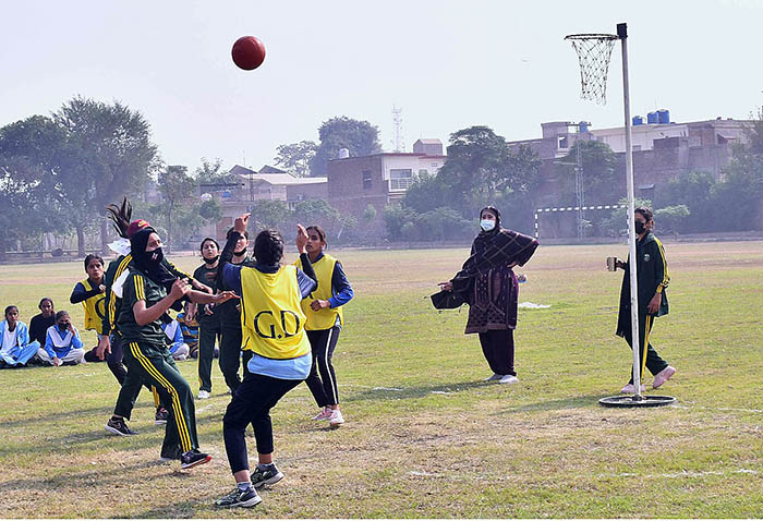 A view of netball match played between Bannu Board and Faisalabad Board ...