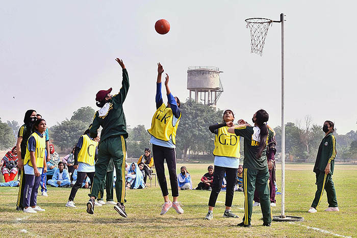 A view of netball match played between Bannu Board and Faisalabad Board ...