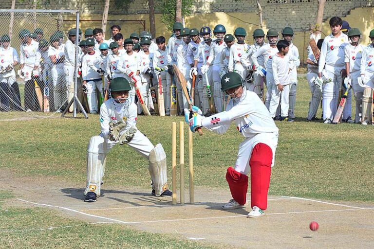 Young cricketer in action during under 13th cricket trials for PCB age ...