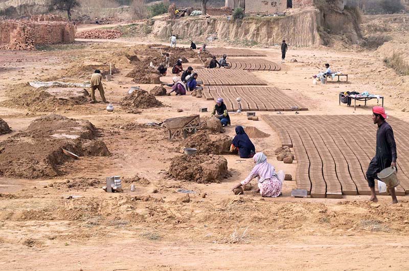 Woman Labourer busy preparing bricks at local bricks kiln