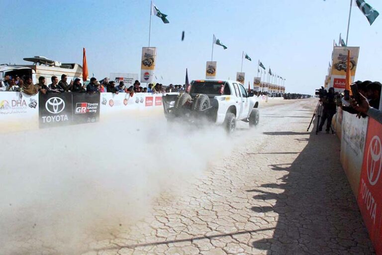 Racing jeeps in action during 19th TDCP Cholistan Desert Jeep Rally 2024