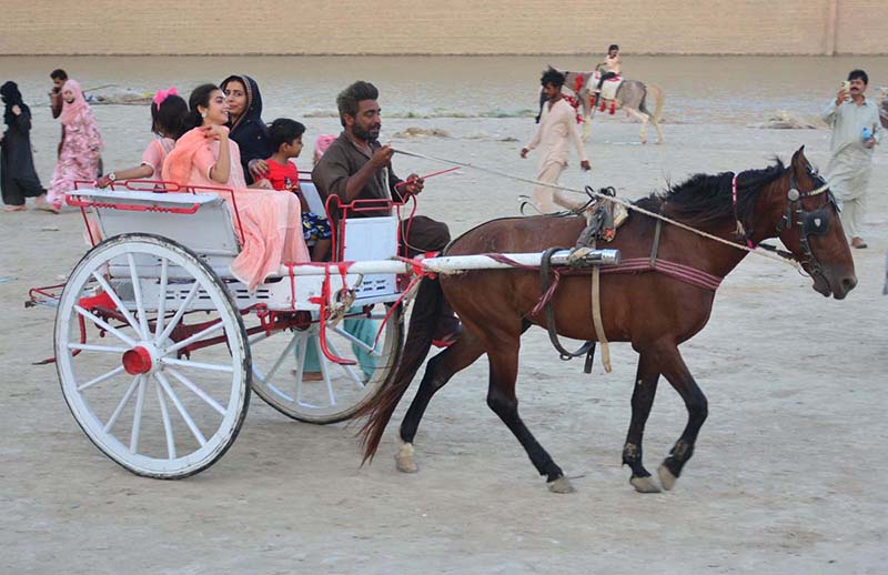 A family enjoying carriage riding at Al manzar picnic point at Indus ...