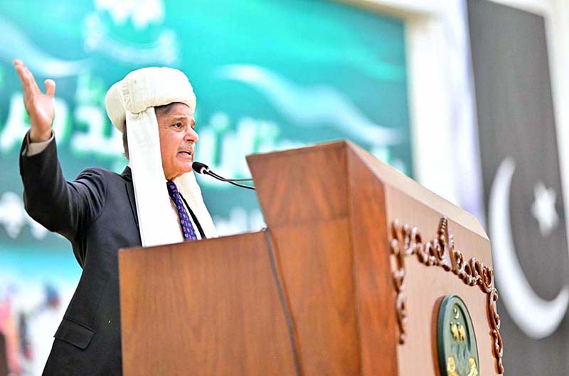 Prime Minister Muhammad Shehbaz Sharif addressing a Grand Jirga of ...